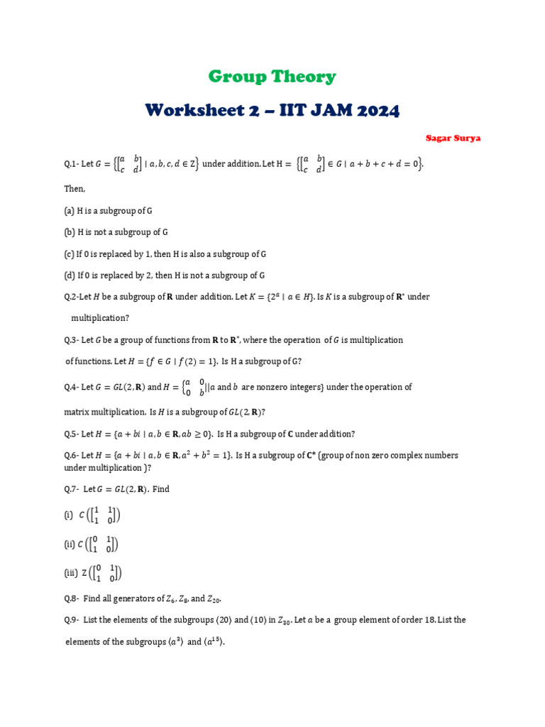 Group Theory - Worksheet 2 - IIT JAM 2024 | PDF | Group (Mathematics ...