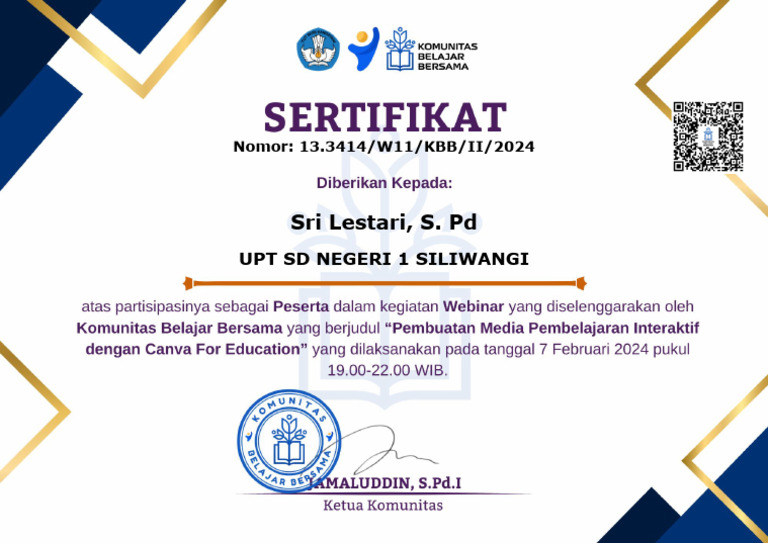 Sertifikat Sri Lestari, S. PD - UPT SD NEGERI 1 SILIWANGI | PDF