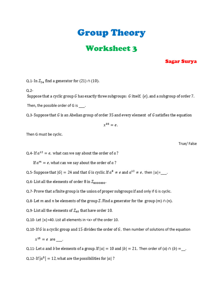 Group Theory - Worksheet 3 - IIT JAM 2024 | PDF | Group (Mathematics ...