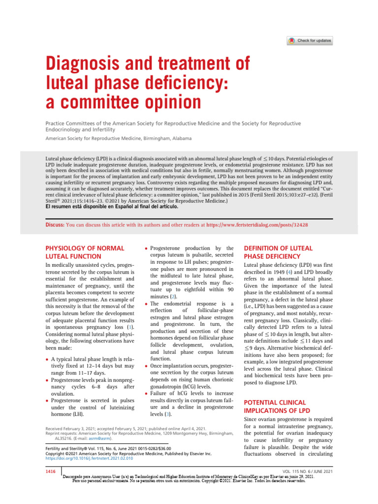 Diagnosis and Treatment of Luteal Phase Deficiency 2021 | PDF ...