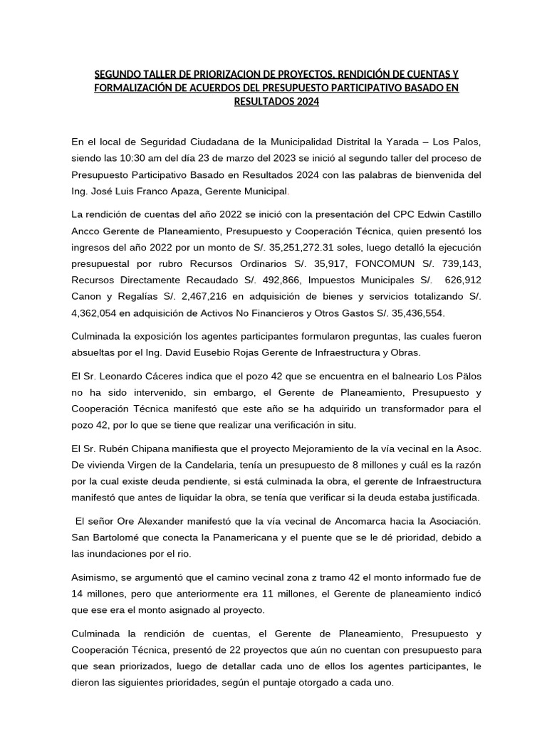 Acta Segundo Taller Final | PDF | Presupuesto