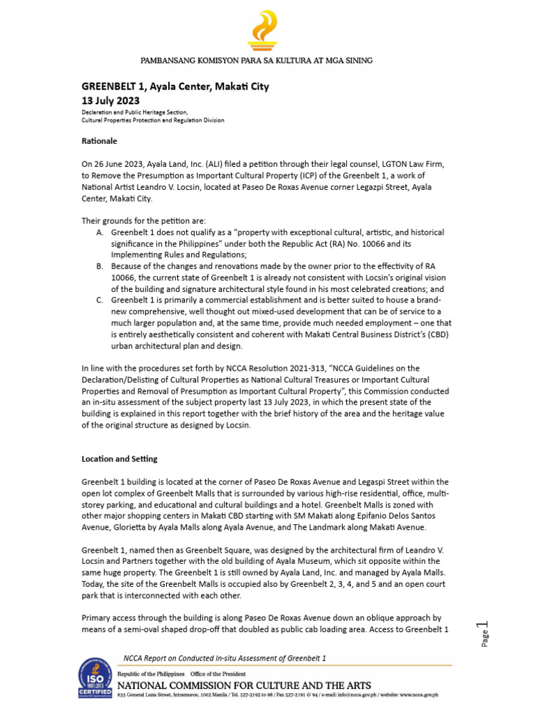NCCA Report On Conducted Technical Assessment of Greenbelt 1 Last 14 ...