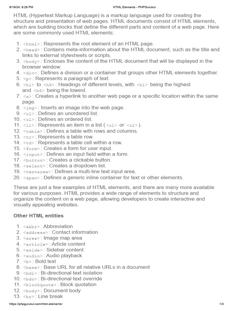 HTML Elements - PHPGurukul | PDF | Html | Html Element