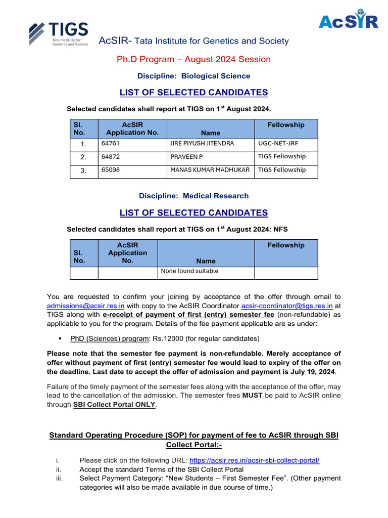 Selection List TIGS August 2024 Final To Upload 1 | PDF | Business ...