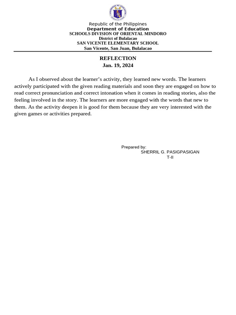 REFLECTION CATCH UP | PDF | Learning | Behavior Modification