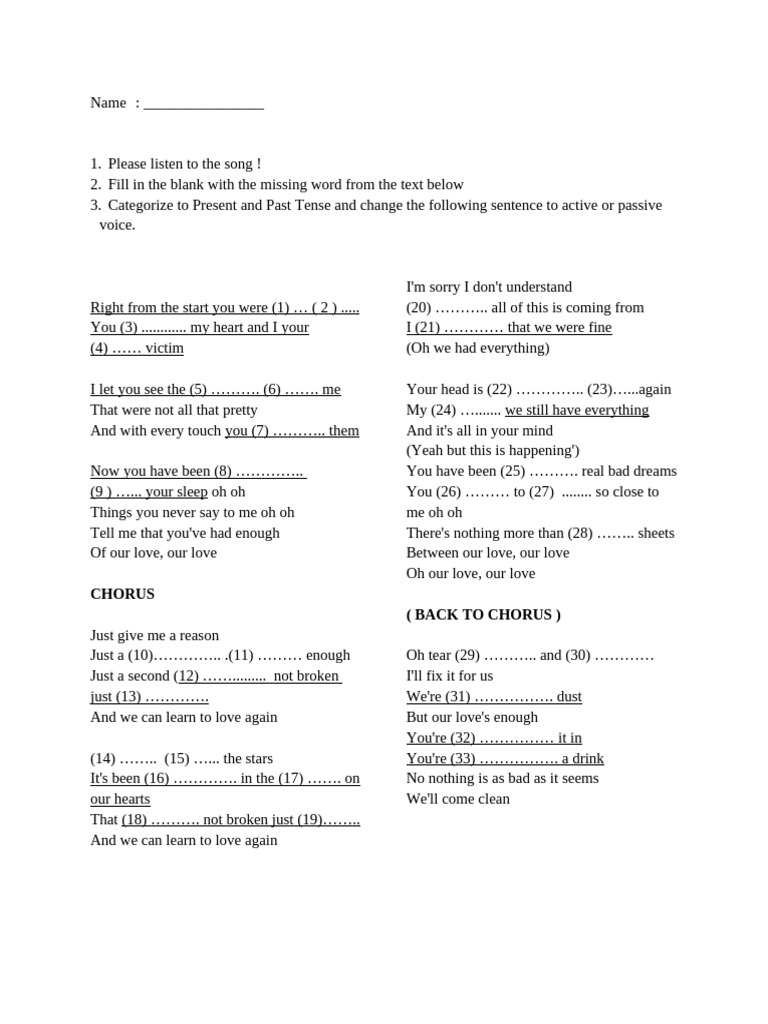 Fill in the Blanks: Song Lyrics Activity | PDF | Language Arts ...