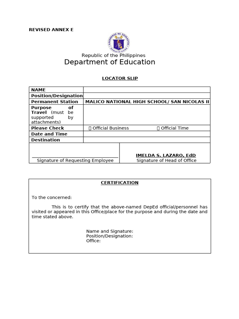 Locator Slip Revised Annex E | PDF