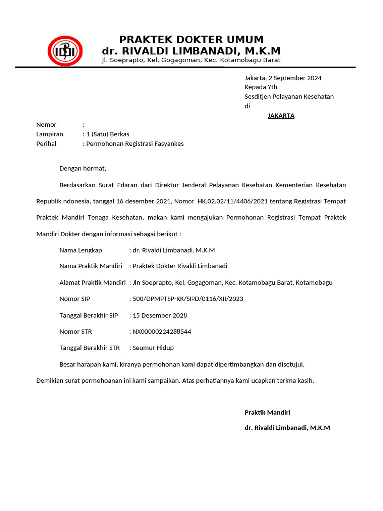 Surat Permohonan Registrasi Fasyankes | PDF