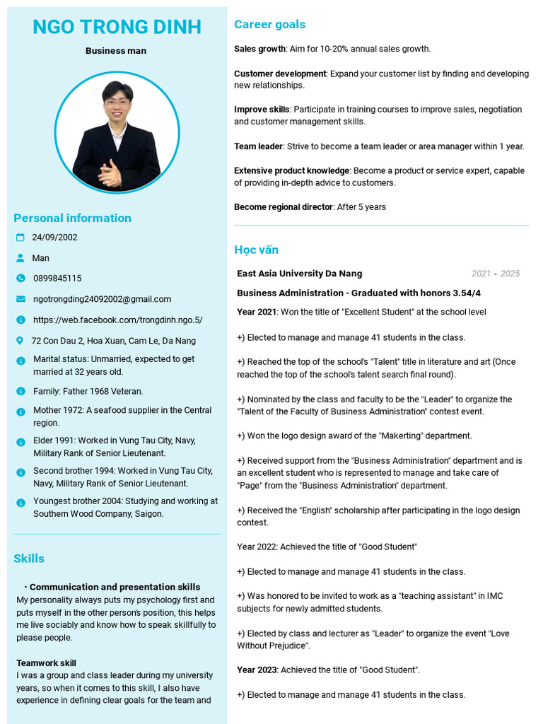 Cv Ngo Trong Dinh - Ngô Trọng Dinh (Quản Trị Kinh Doanh) -Topcv.vn | PDF | Career & Growth | Art