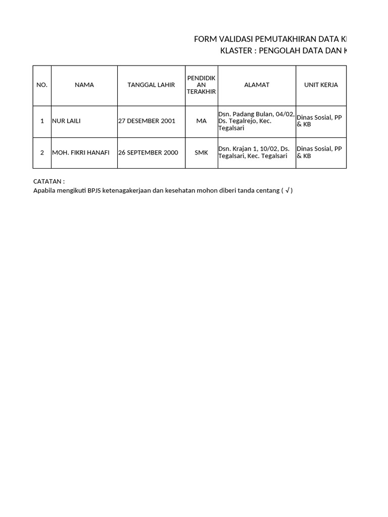 Form Validasi Dan Pemutakhiran Data Ketenagakerjaan (Tegalsari) | PDF