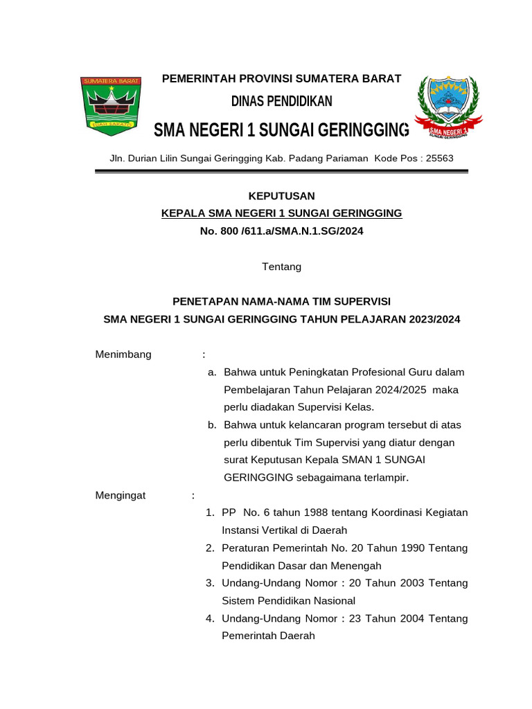 SK - Tim Supervisi Kelas - 2024-2025 | PDF