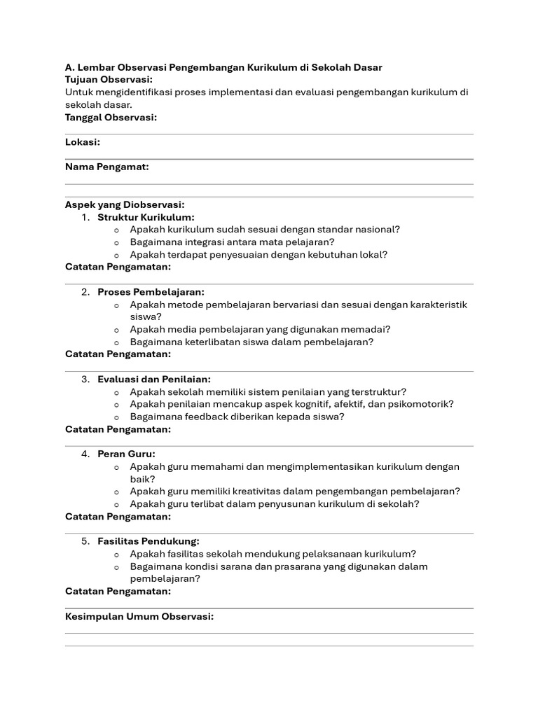 Lembar Observasi Dan Wawancara Kurikulum | PDF