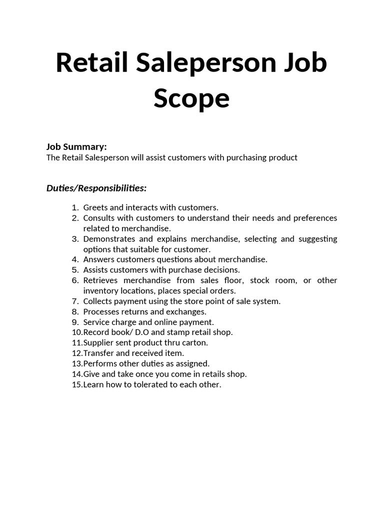 Retail Salesperson Job Responsibilities | PDF | Receipt | Customer