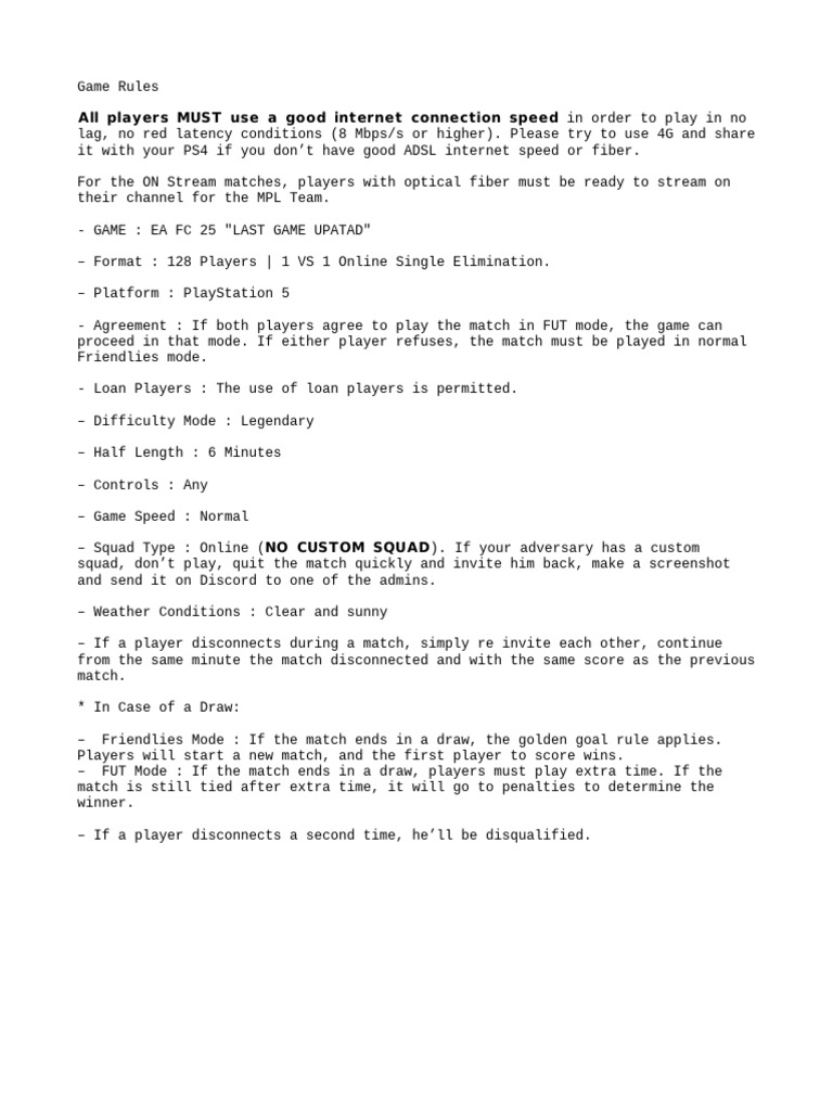 EA FC 25 Tournament Rules PS5 | PDF