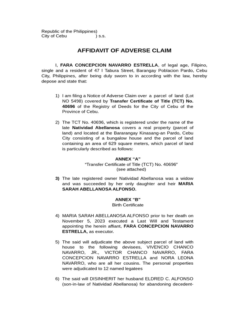 Affidavit Adverseclaim tct40696 Fara Estrella | PDF | Affidavit | Will ...