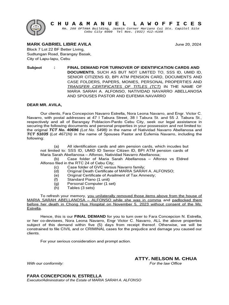 Demand Letter Probate Maria Sarah Abellanosa Alfonso Fara Nora Victor ...
