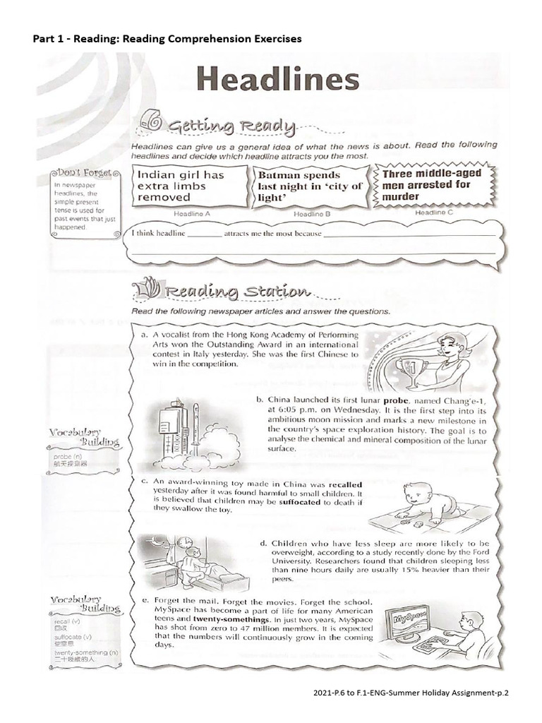 Part 1 - Reading: Reading Comprehension Exercises: 2021-P.6 To F.1-ENG ...