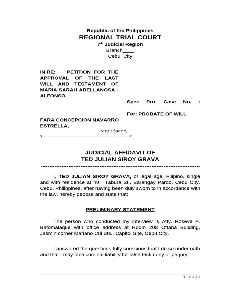 Judicial Affidavit for Will Probate | PDF | Affidavit | Perjury