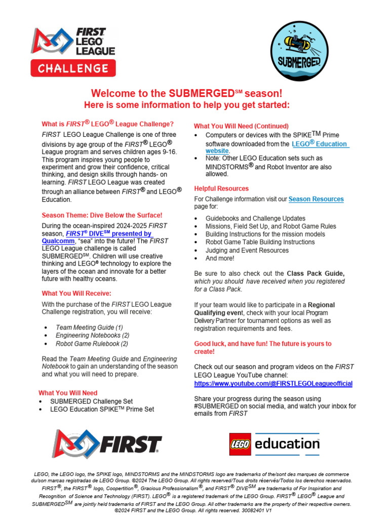 FLL Challenge Submerged Welcome Letter | PDF | Lego | Toy Companies Of ...