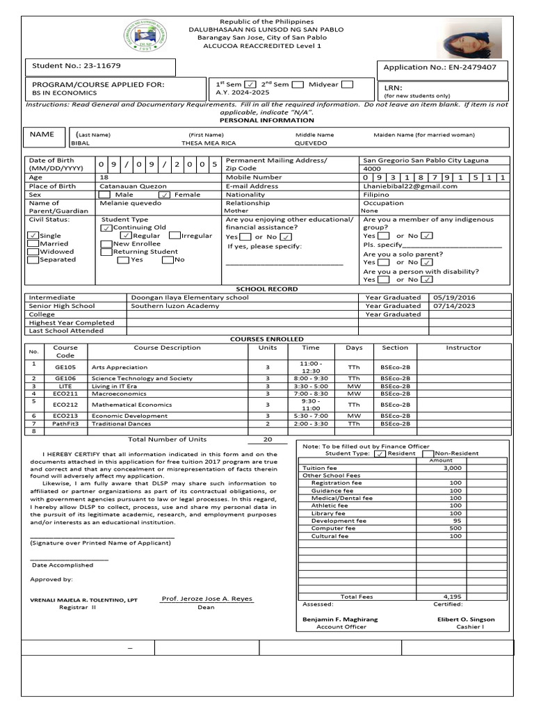 Application No.: EN-2479407 Program/Course Applied For: LRN: Student No ...