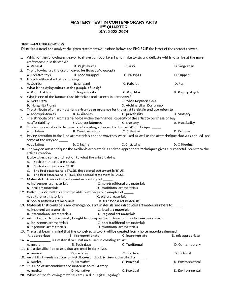 Mastery Test 2ND Quarter | PDF | The Arts