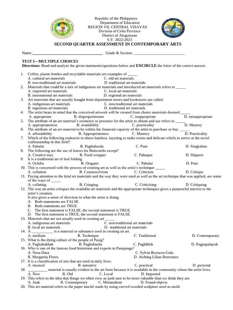 Second Quarter Assessment-Contemporary Arts-Final | PDF
