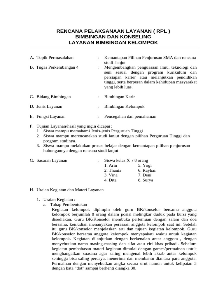 RPL Bimbingan Kelompok-Rencana Studi Lanjut | PDF