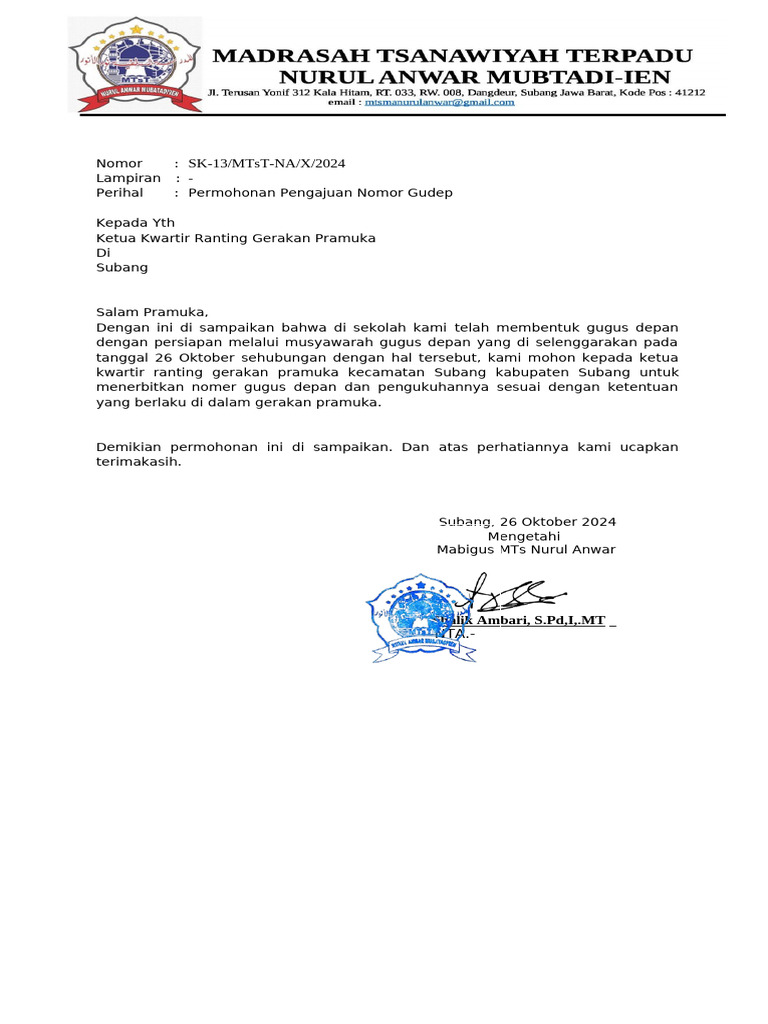 Pengajuan Gudep MTS Nurul Anwar | PDF