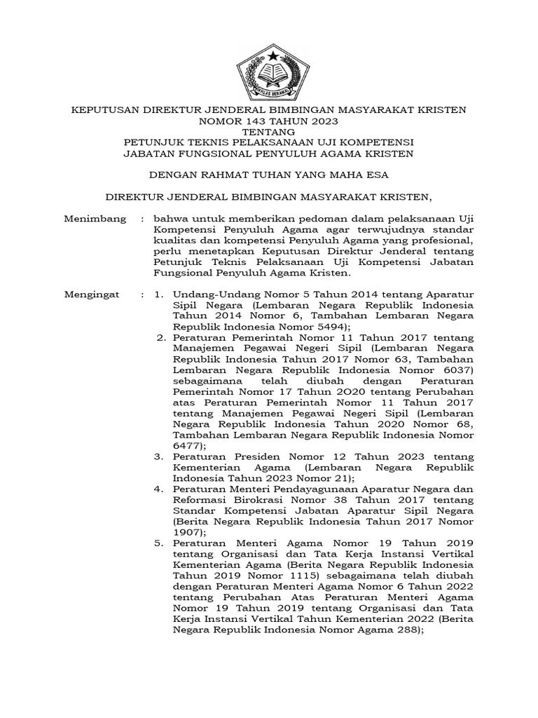 SK 143-DBK Juknis Pelaksanaan Uji Kompetensi Penyuluh Agama Kristen | PDF