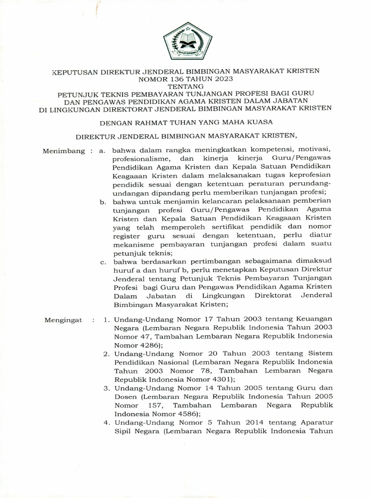 SK 136-2023 Juknis Pembayaran TPG & Pengawas PAK Dalam Ditjen Bimas Kristen | PDF | Bisnis