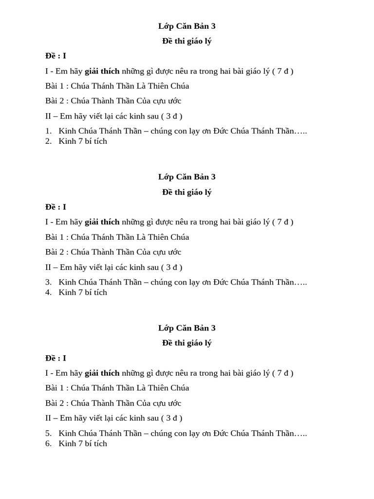 Đề thi 1, Lớp Căn Bản 3 | PDF