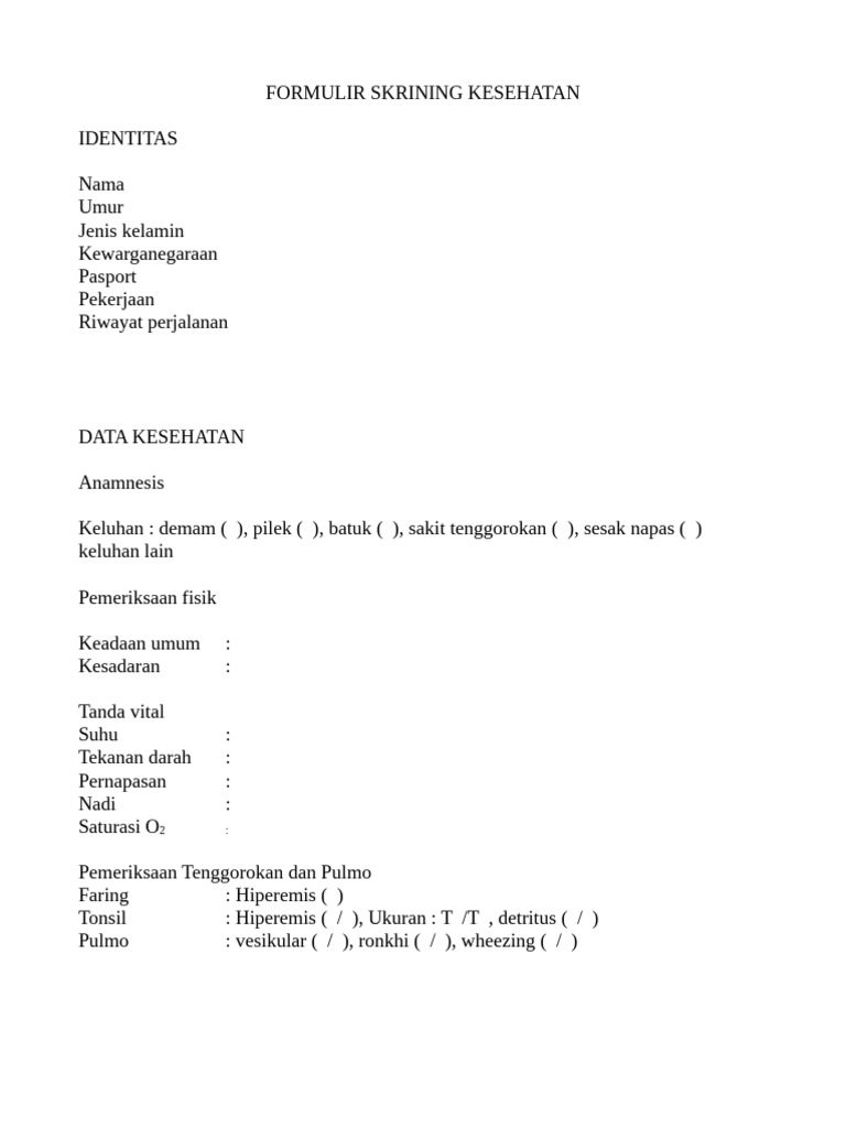 Form Skrining Kesehatan | PDF