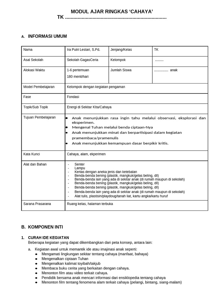 Contoh Pola Modul Ajar Ringkas | PDF