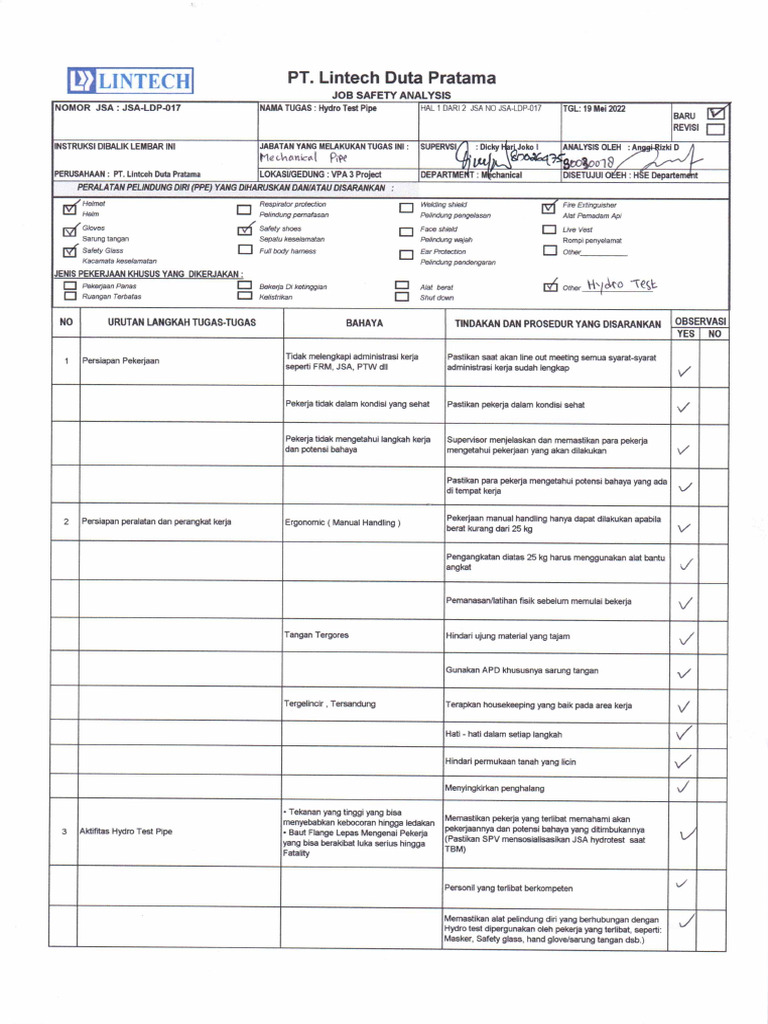 JSA Hydro Test Pipe | PDF