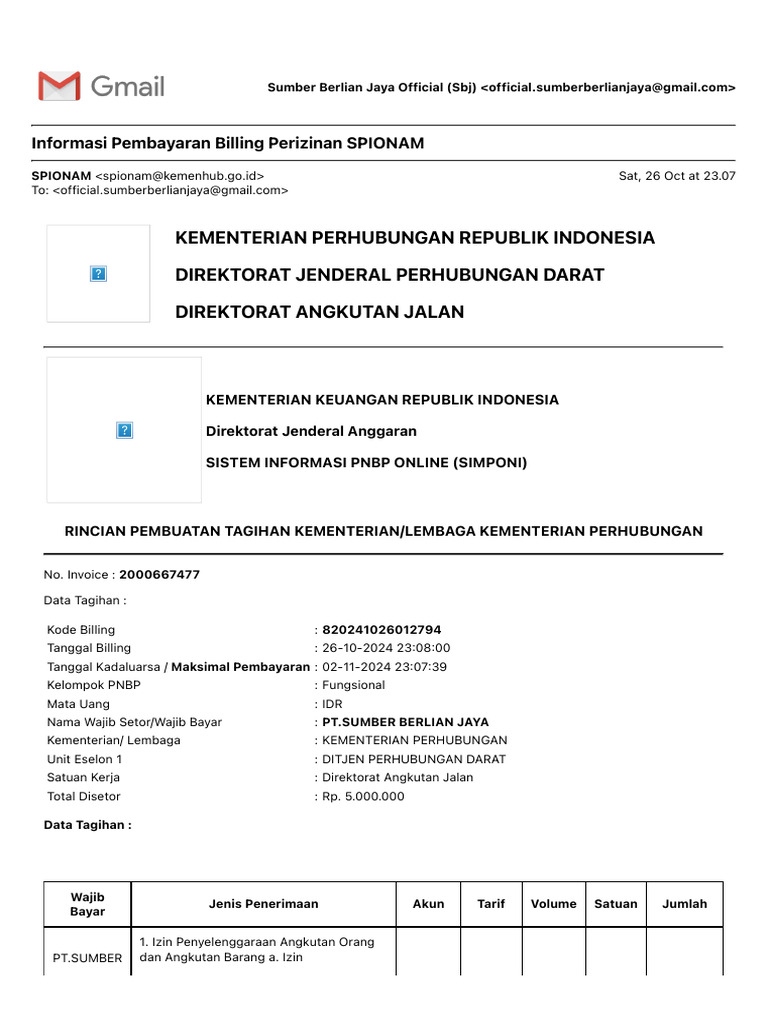 Informasi Pembayaran Billing Perizinan SPIONAM | PDF