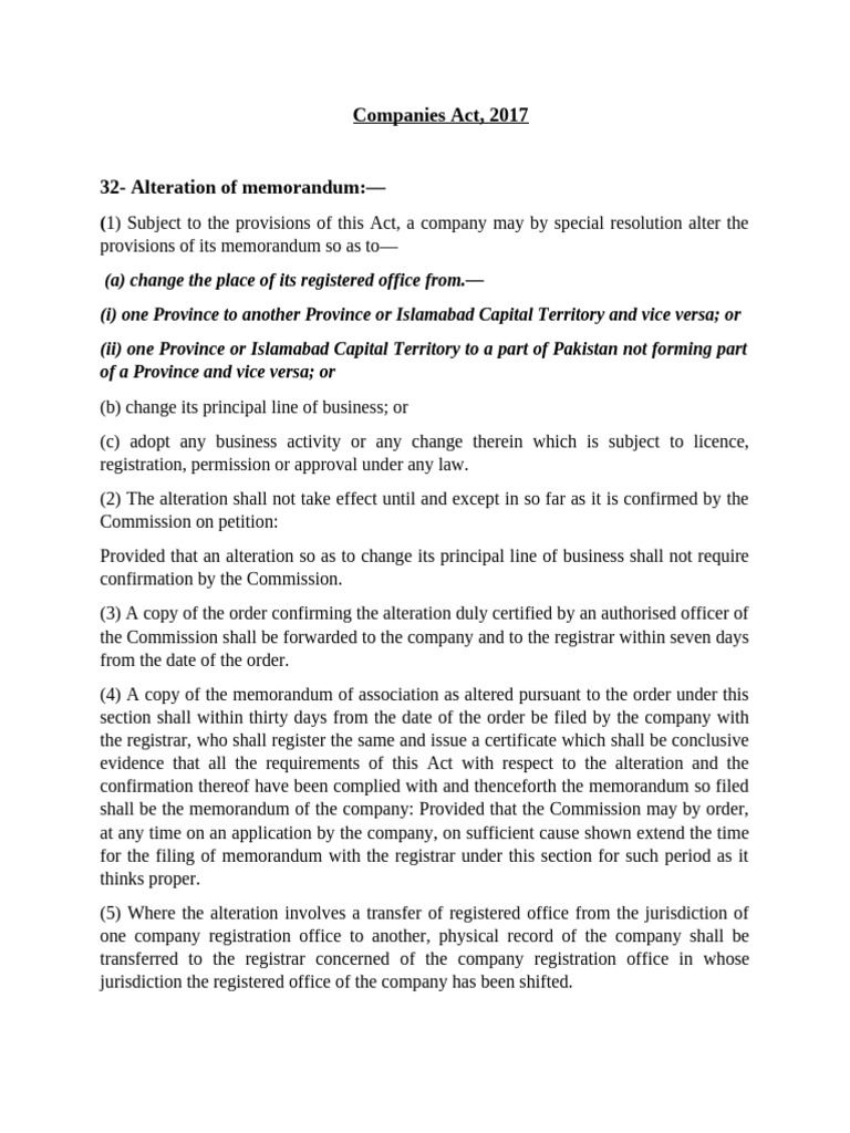 Companies Act 2017: Memorandum Alteration | PDF | Articles Of ...