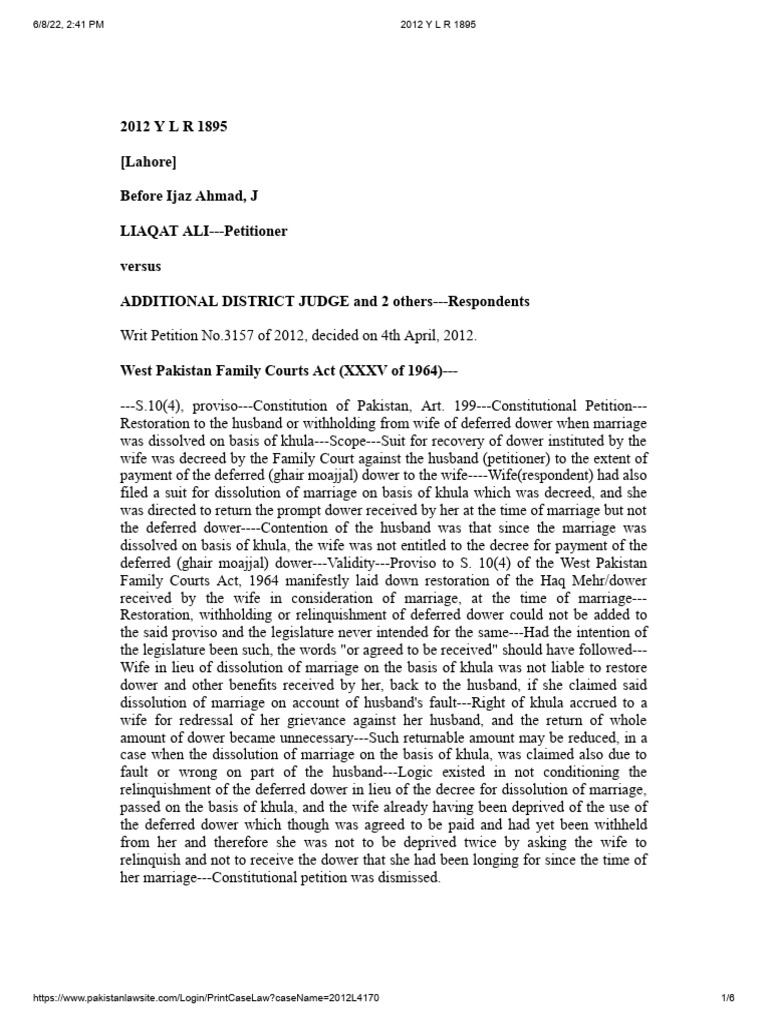 2012 Y L R 1895 | PDF | Lawsuit | Marriage