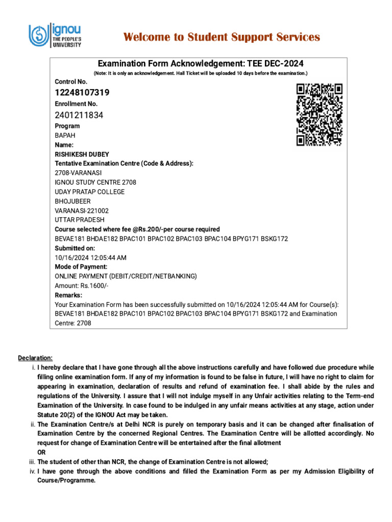 IGNOU - Examination Form Acknowledgement | PDF