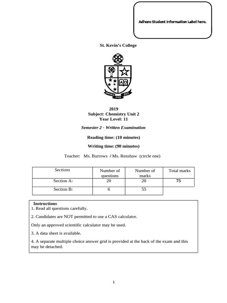 Semester 2 Exam 2019 | PDF | Titration | Chemistry