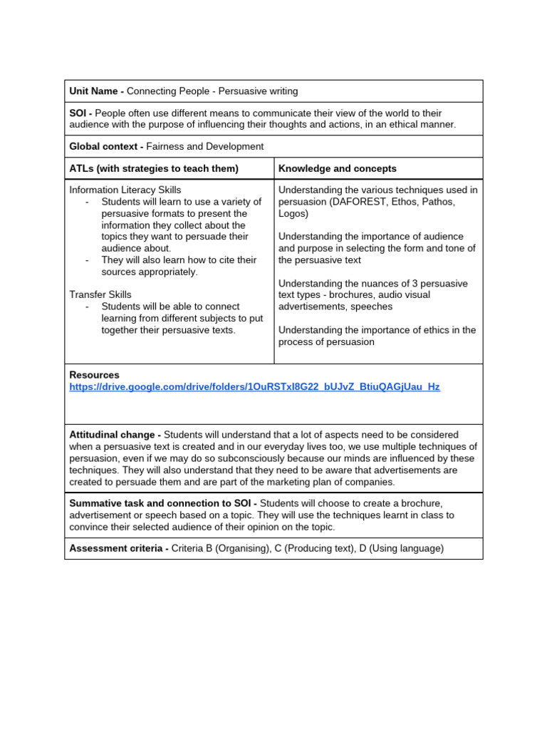 MYP 2 - English Unit 4 Overview | PDF