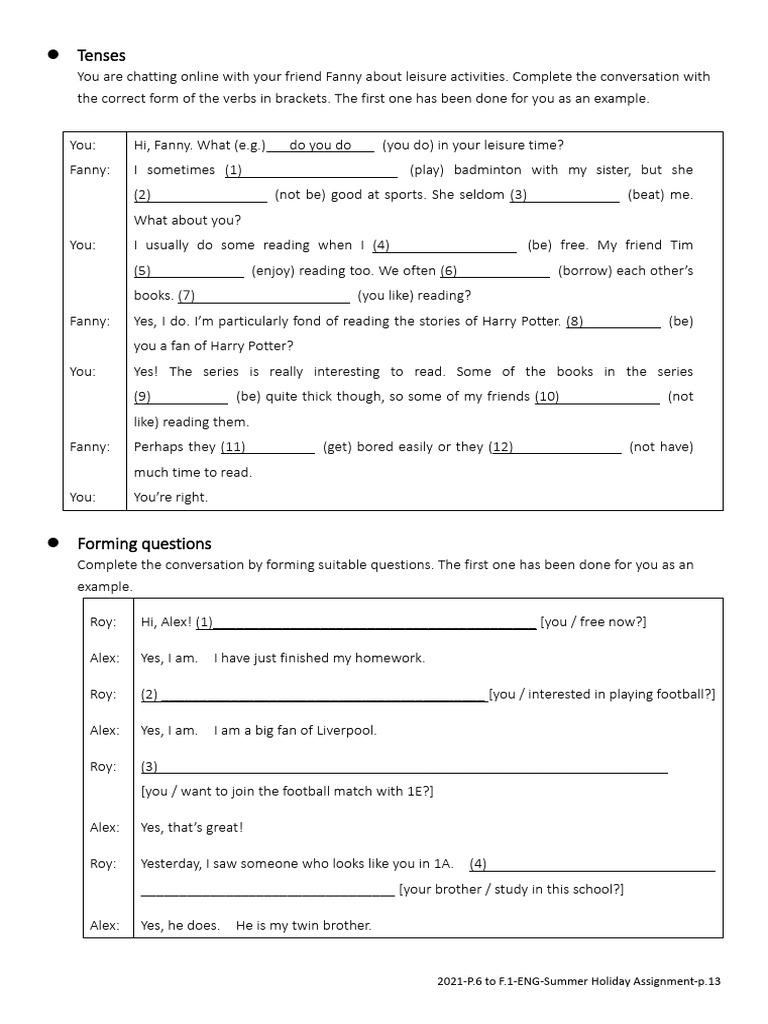 Summer Holiday Assignment: Tenses & Questions | PDF