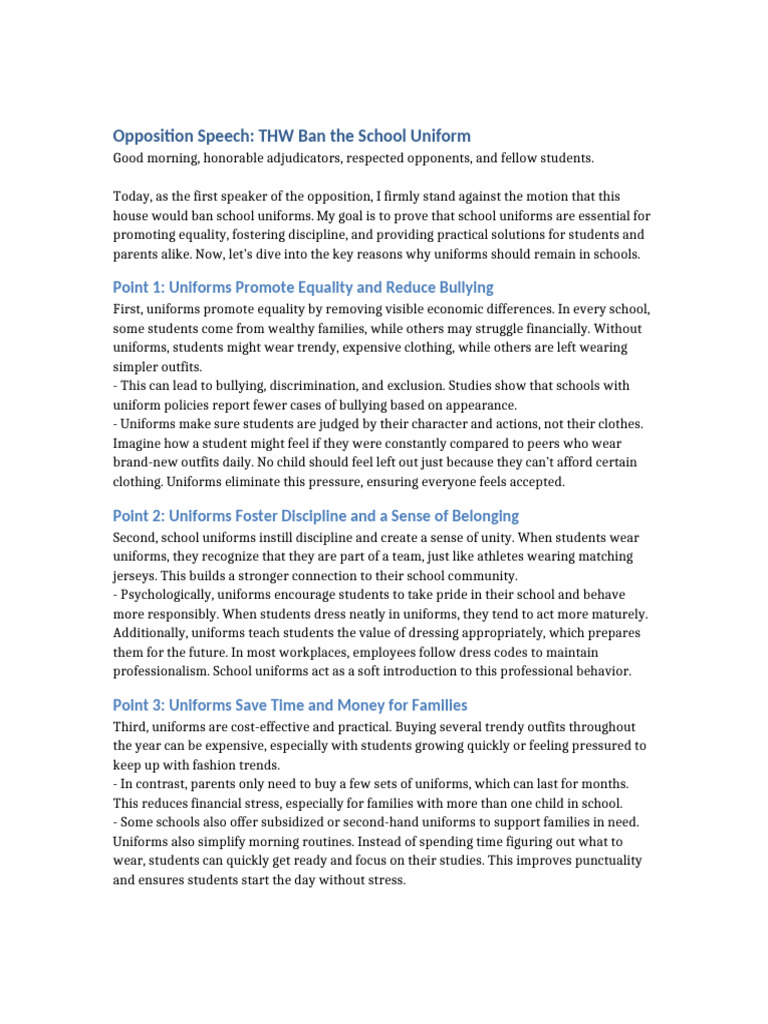 Opposition Speech Ban School Uniform | PDF | Bullying | Clothing