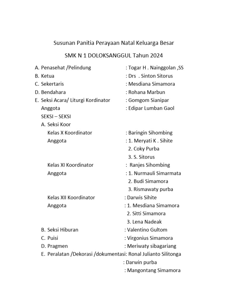 Susunan Panitia Perayaan Natal Keluarga Besar Tahun 2024 | PDF Susunan Panitia Perayaan Natal Keluarga Besar Tahun 2024 | PDF