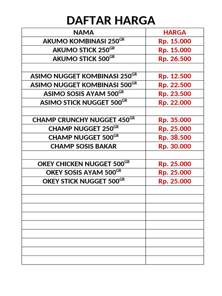 Harga Nugget dan Sosis Ayam 500gr | PDF | Home & Garden | Wellness