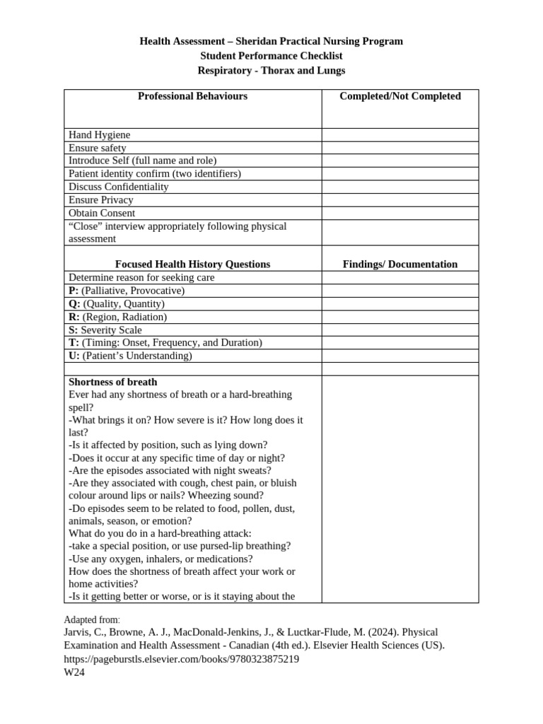 Respiratory Performance Checklist - SS24 | PDF | Thorax | Lung