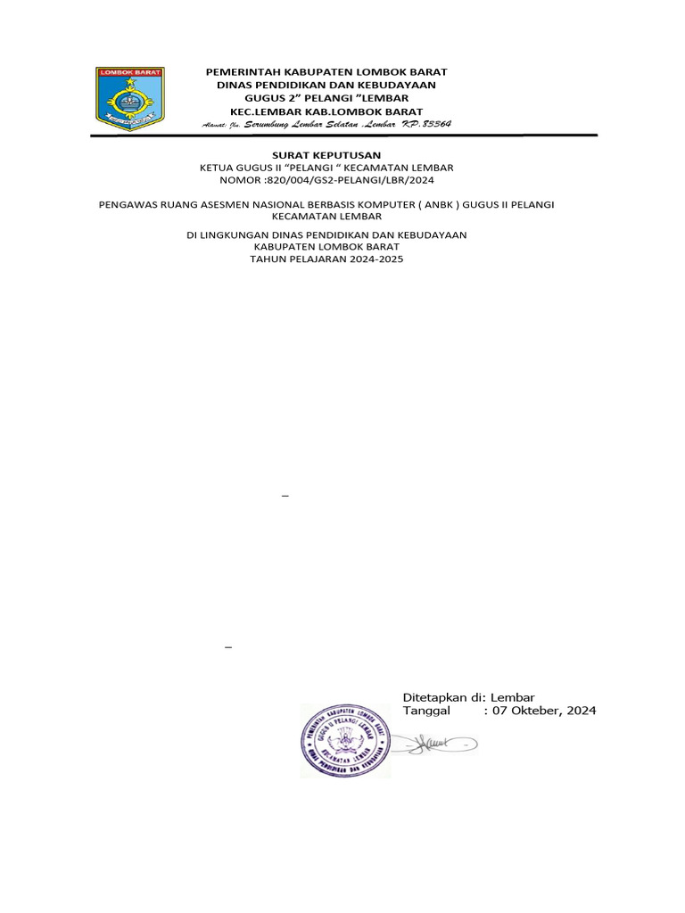 SK Pengawas Ruang Anbk Gugus Ii Pelangi Lembar 2024 | PDF