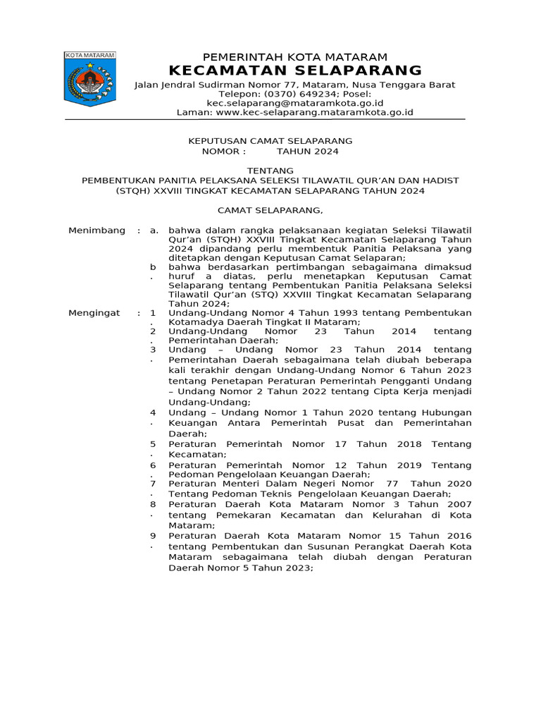 SK Panitia Kecamatan STQ 2024 | PDF