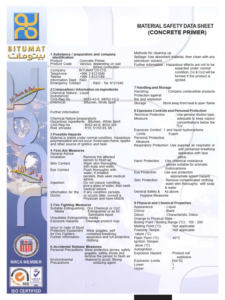 Bitumat Concrete Primer | PDF | Dangerous Goods | Carbon Dioxide