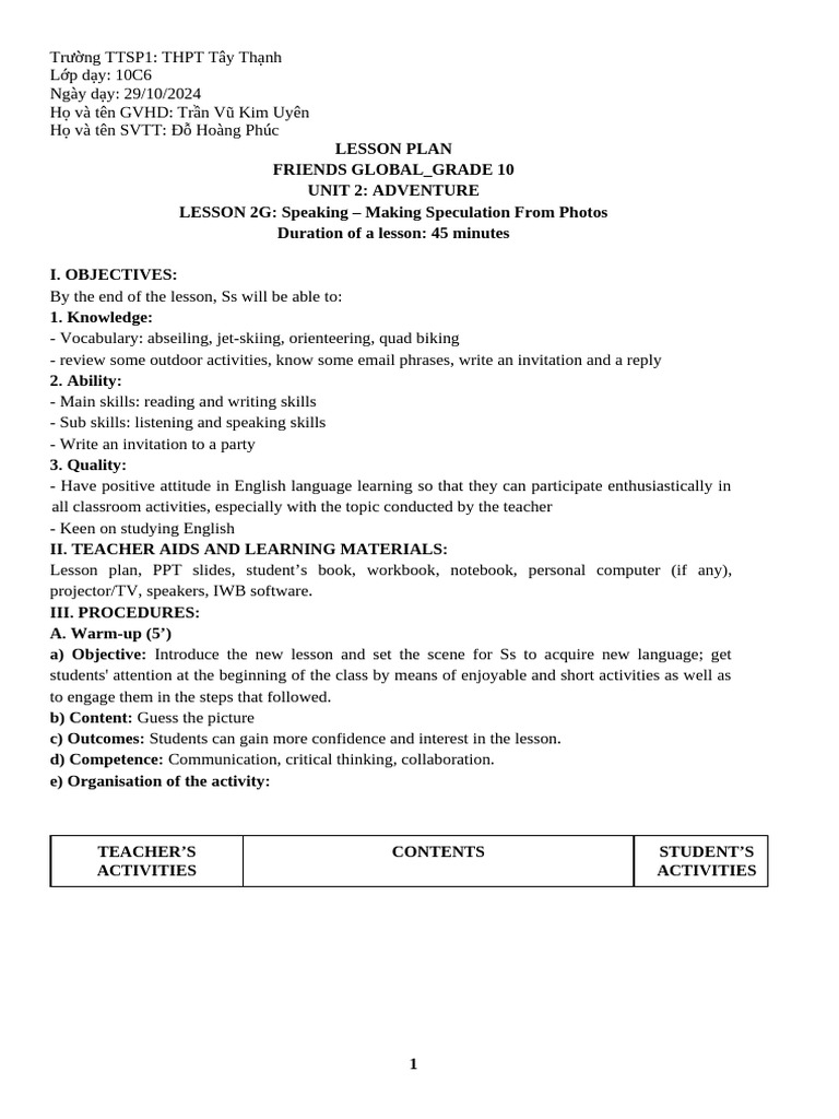 FG10 - Lesson Plan - U2H - Writingc | PDF | Learning | Cognition