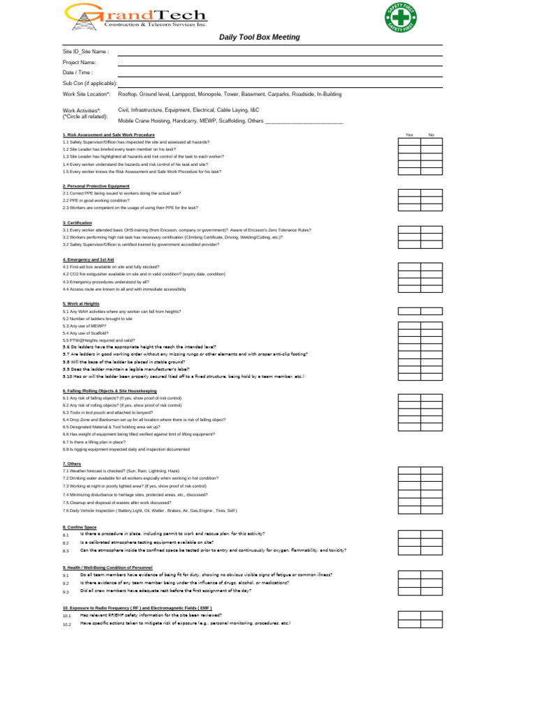 Tool Box Meeting Form - 93024 | PDF | Personal Protective Equipment ...